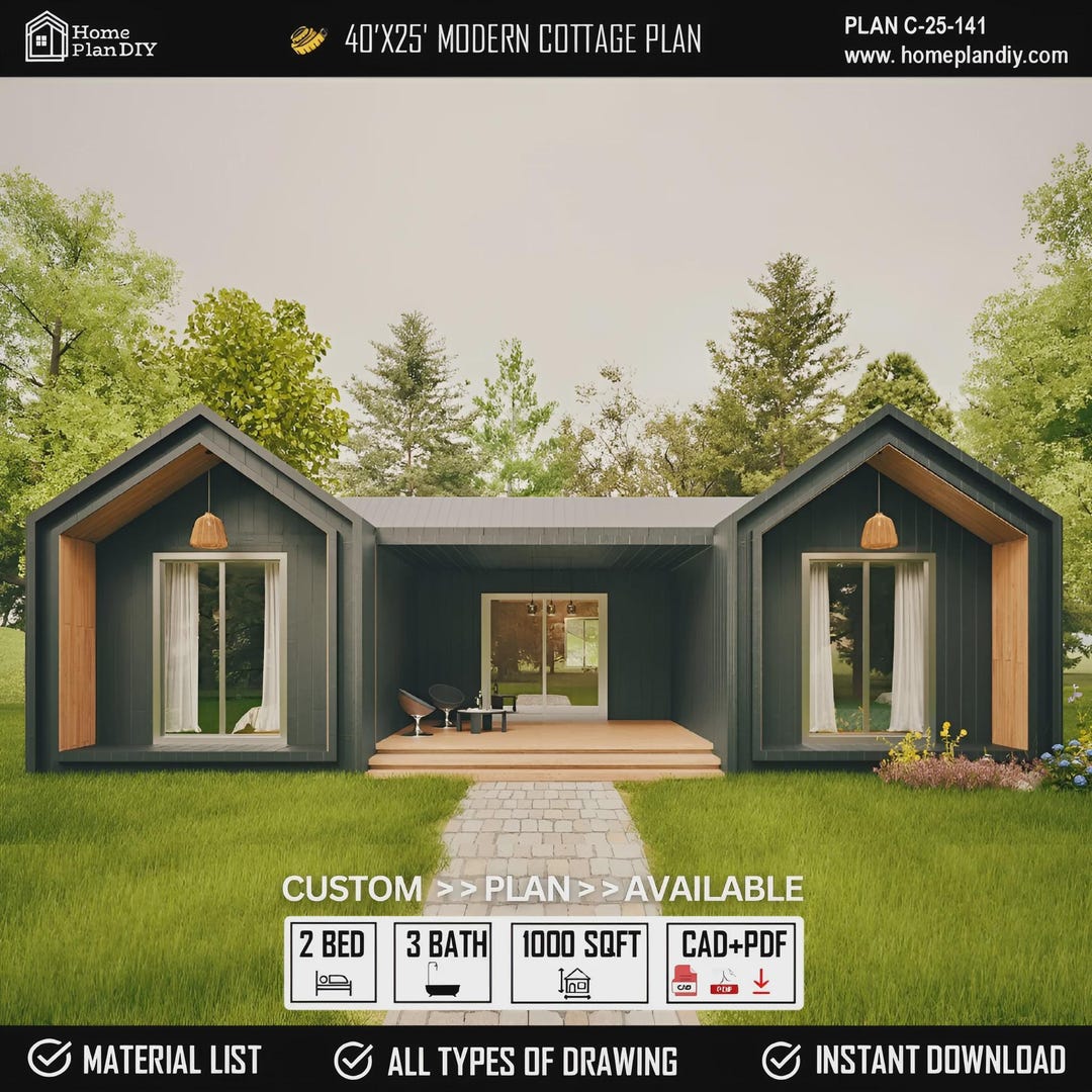 Modern Cabin House Plans, 40x25 Timber Frame Cottage (PDF & CAD File ...