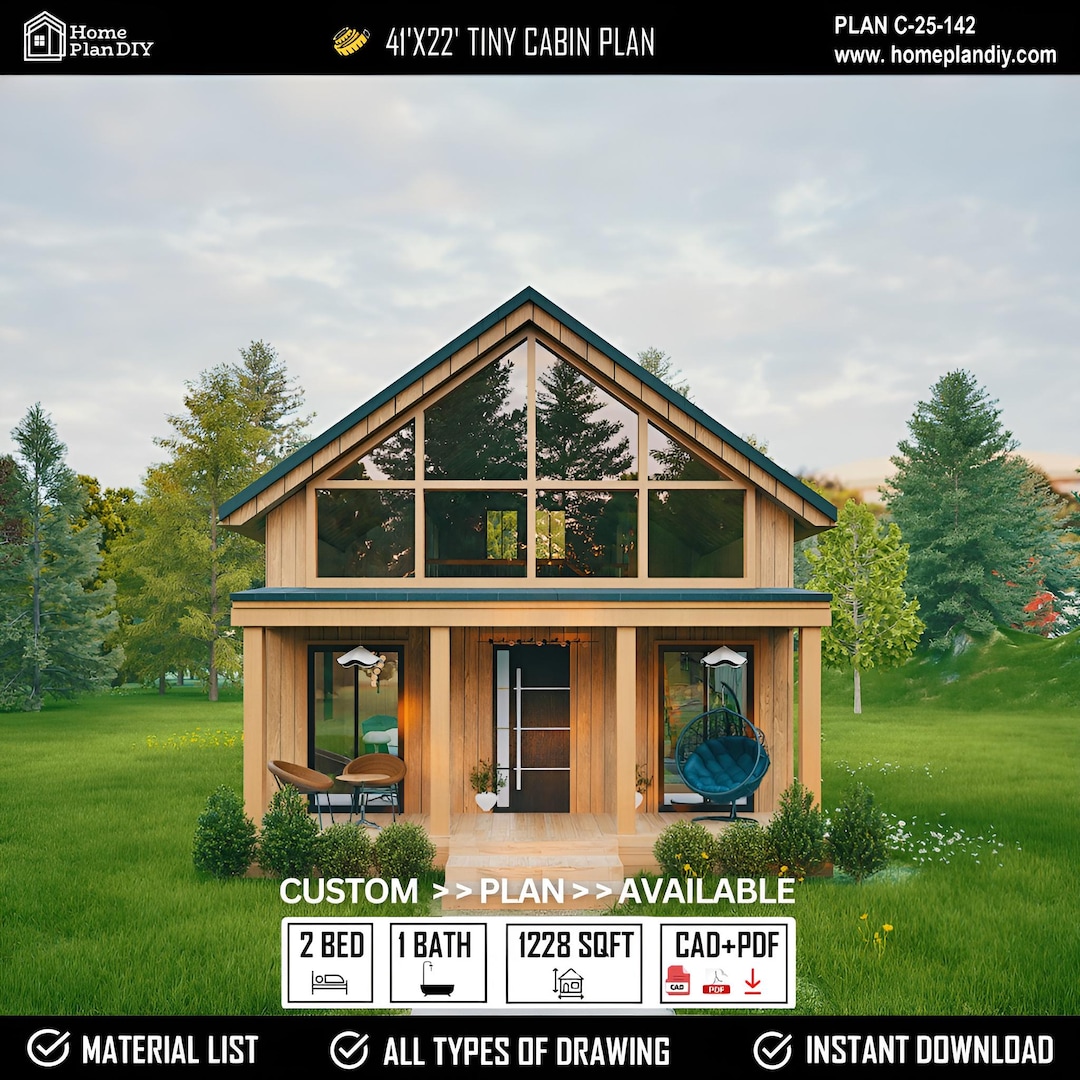 Modern Cabin House Plans, 2 Bed Cottage Blueprint With Loft (PDF & CAD ...
