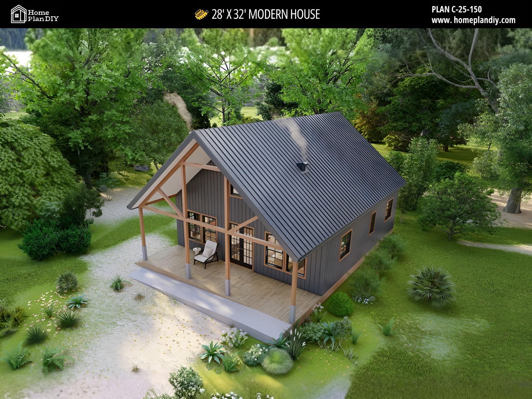 Modern Gable Cabin House Plan: 28x32 With Loft (digital Download ...