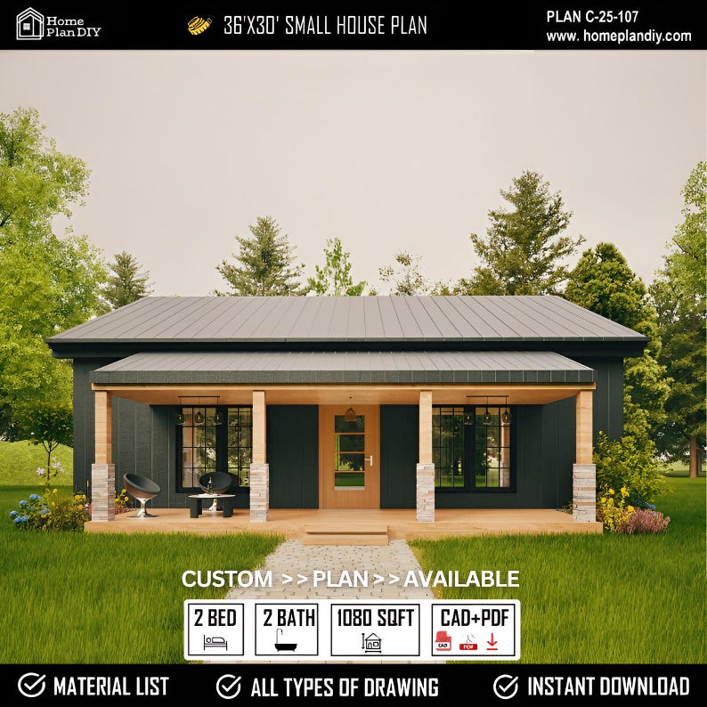 Cottage House Plan: 1080 Sq Ft Ranch, 2 Bed Custom Home Design (PDF ...