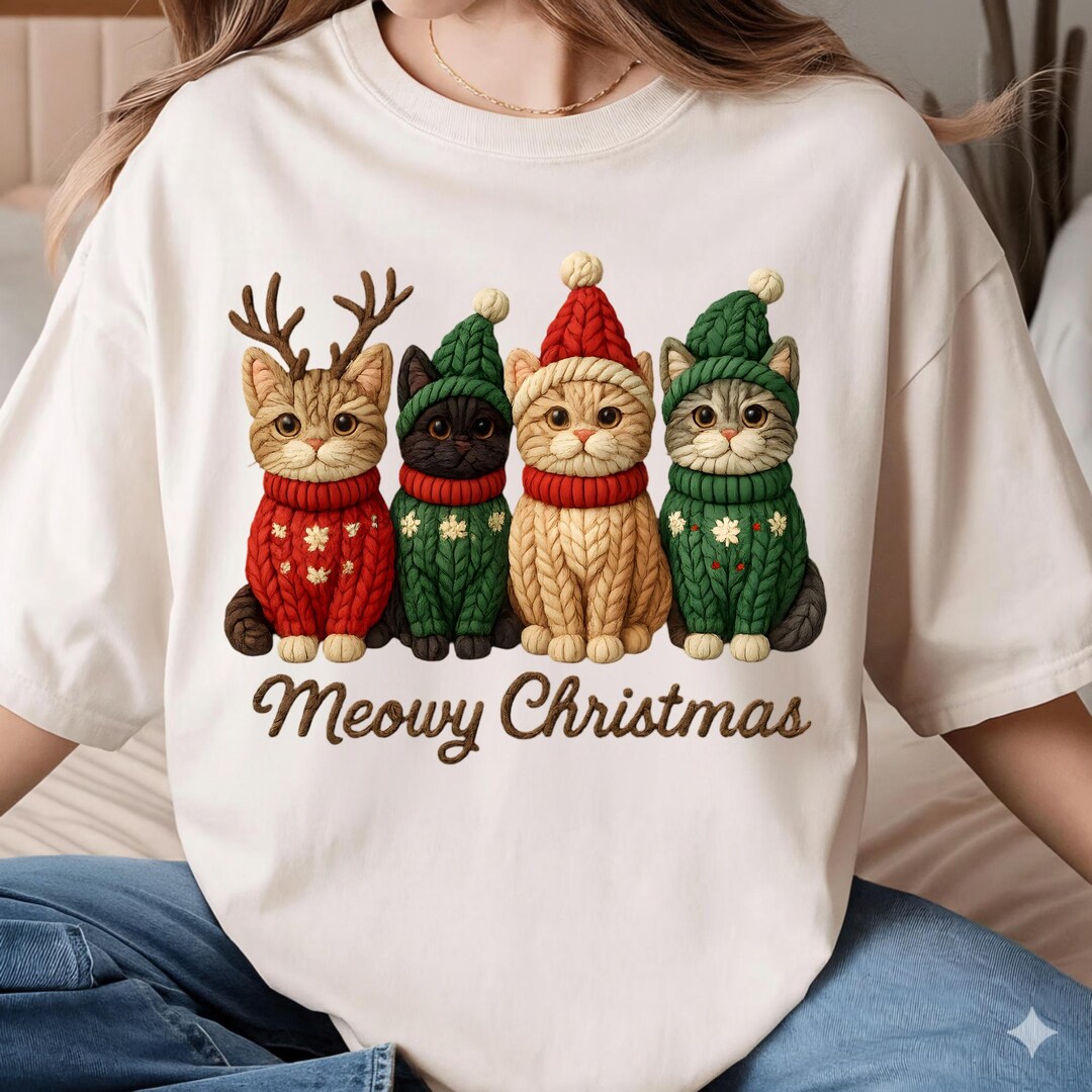 Meowy Christmas PNG, Cute Knitted Cat PNG, Cozy Cat Lover Christmas PNG ...