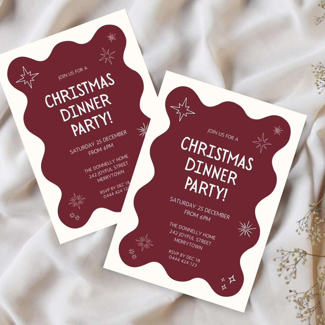 Editable Wavy Minimalist Christmas Invitation: Maroon Burgundy ...