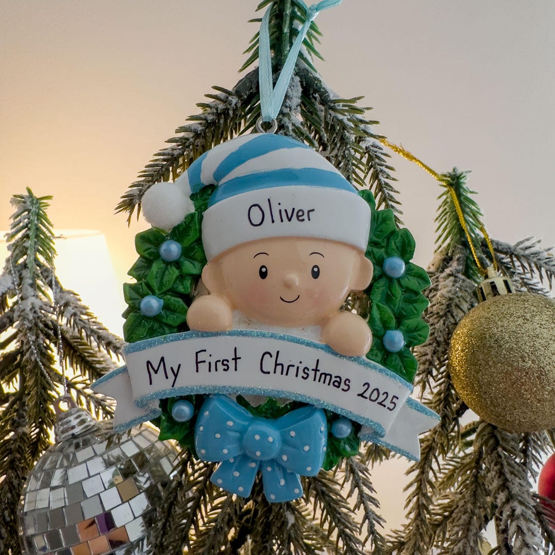 Personalised Baby’s First Christmas Boy With Wreath Blue Xmas Tree ...