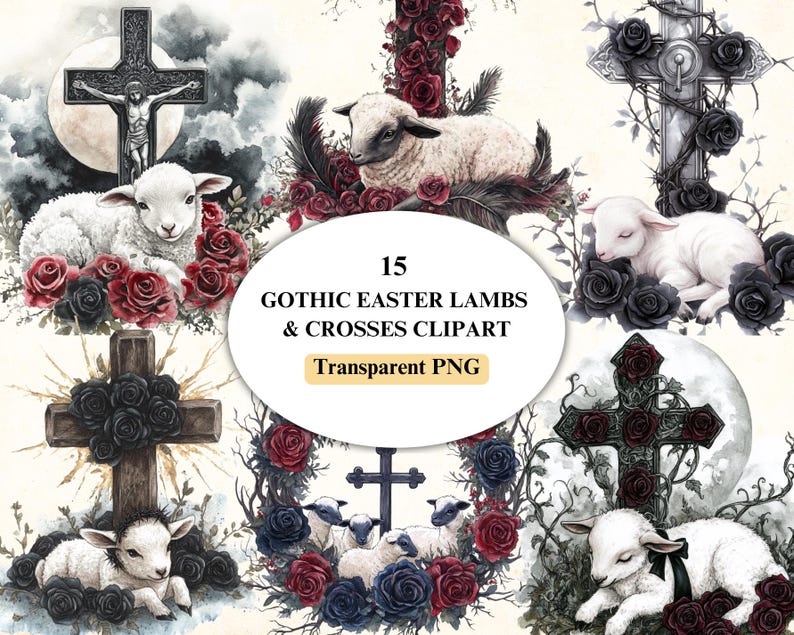 Gothic Easter Watercolor Lambs Clipart, Dark Easter Clipart PNG, Floral ...