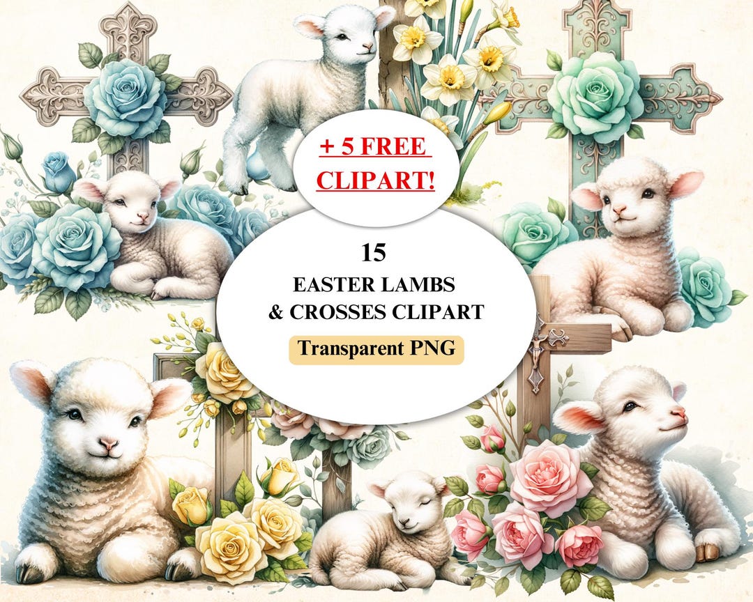 Easter Lambs and Crosses Clipart + 5 FREE Clipart, Cute Lamb Clipart ...