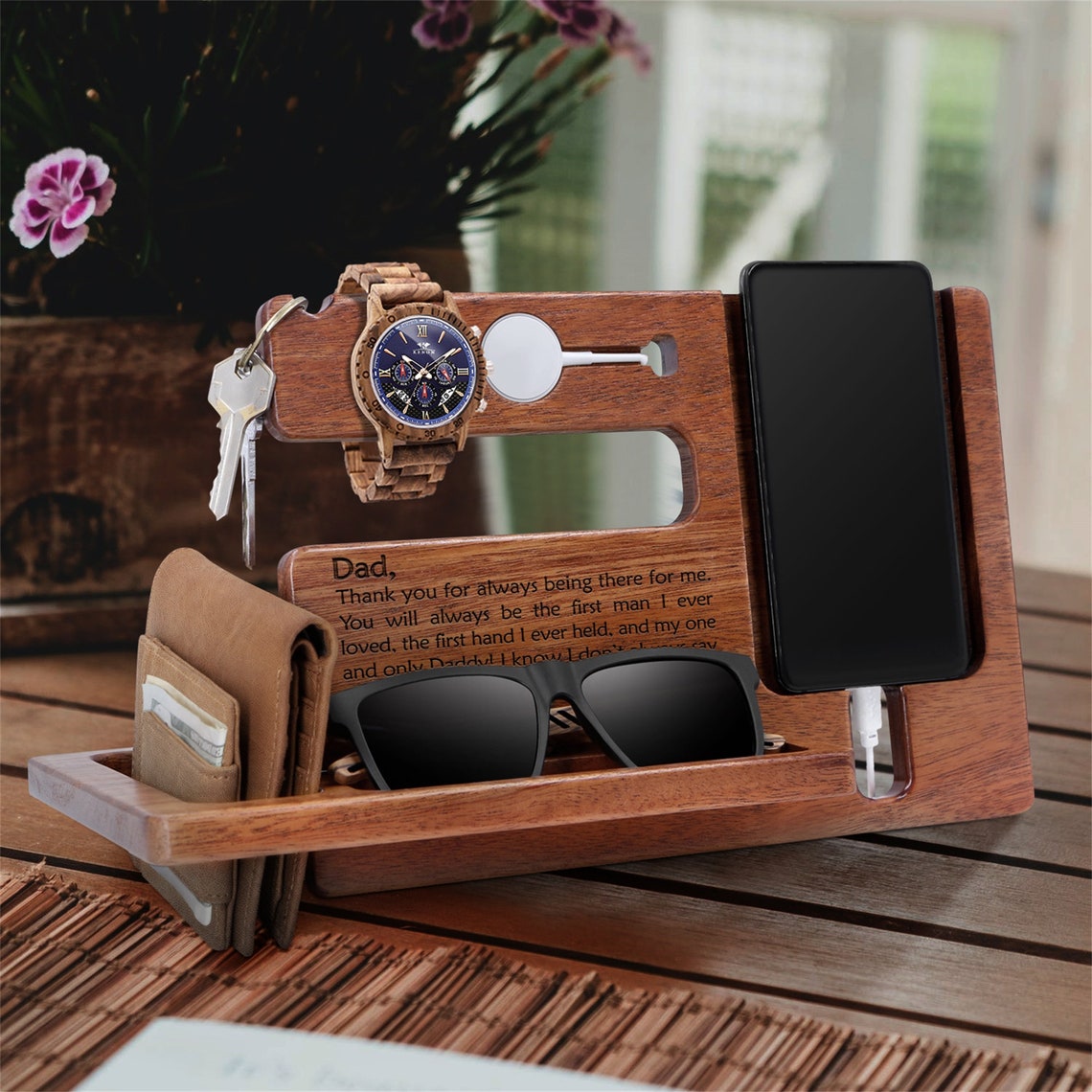 Custom Engraved Wooden Walnut Phone Docking Station Key Holder - Etsy