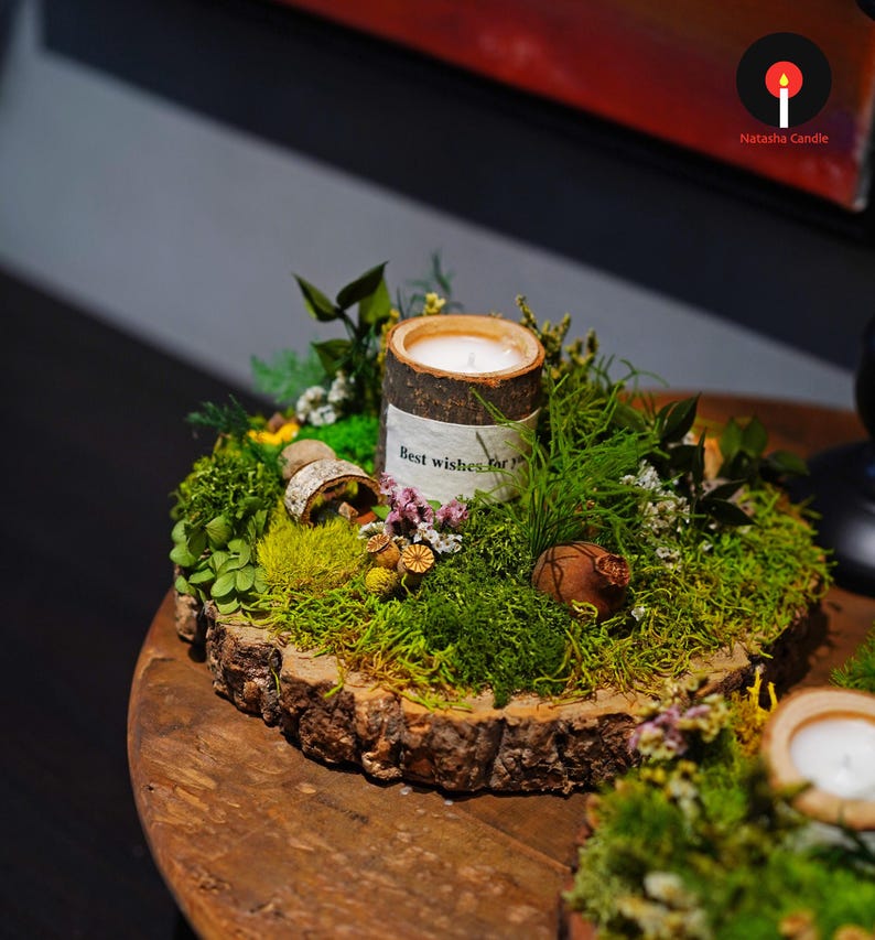 Rustic Log Candle With Dried Flowers, Natural Moss Candle Centerpiece ...