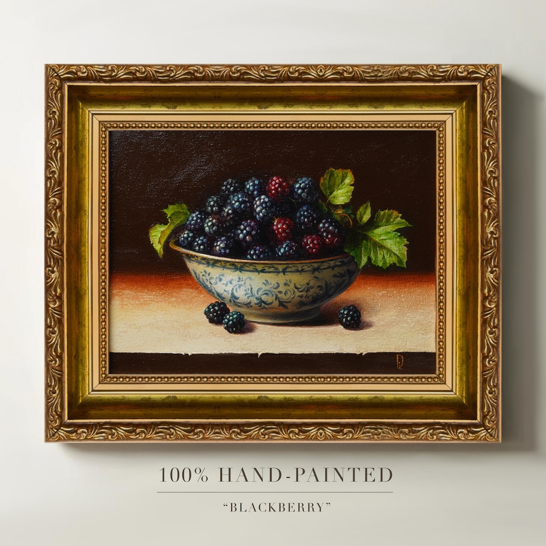 Original Blackberry Oil Painting, Blackberries in a Ceramic Bowl, Hand ...