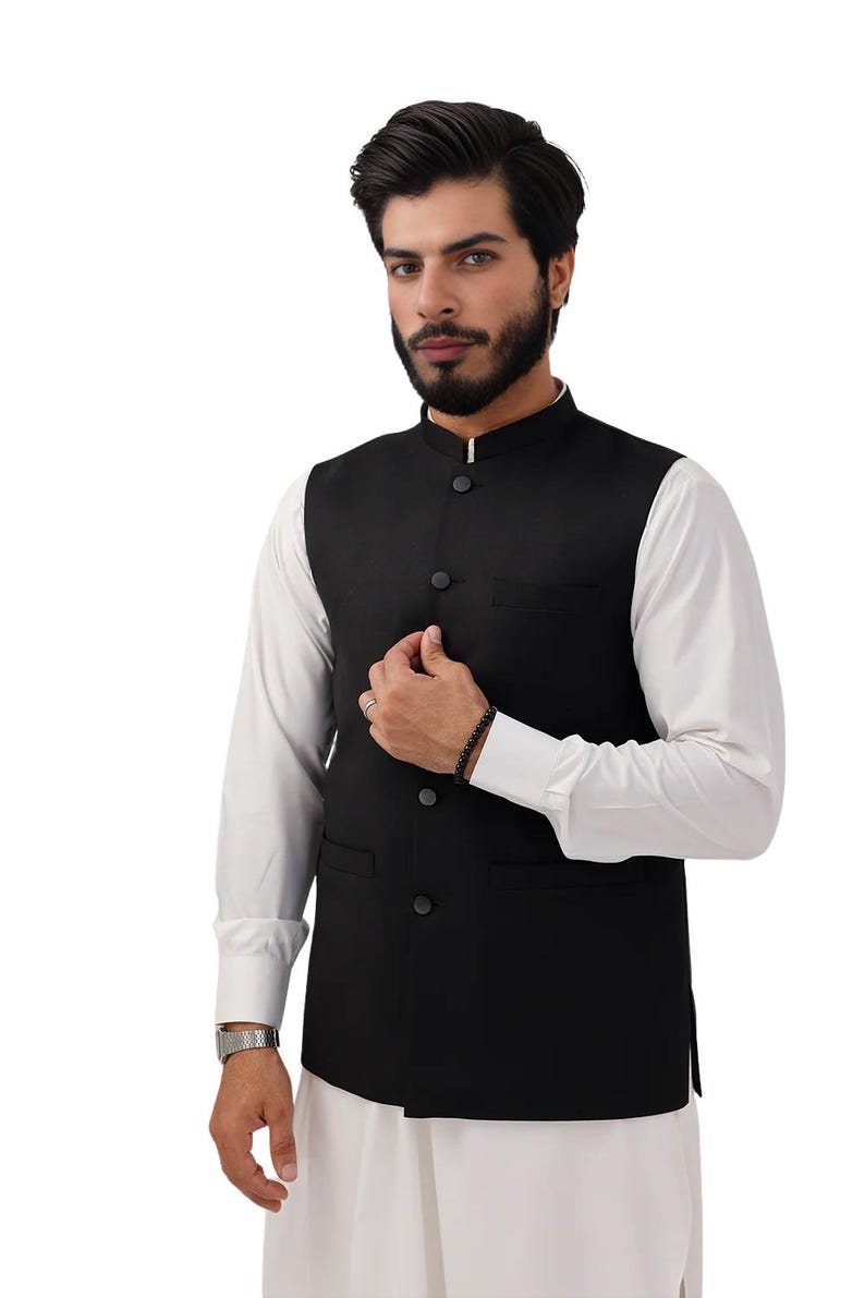 Black Handmade Pakistani Men's Waistcoat – Imran Khan Style Vest ...