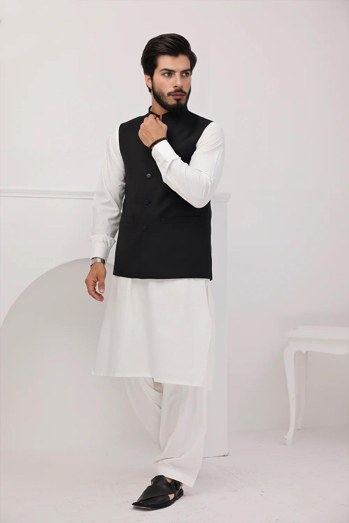 Black Handmade Pakistani Men's Waistcoat – Imran Khan Style Vest ...