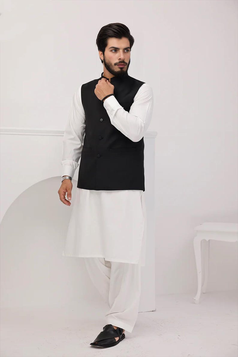 Black Handmade Pakistani Men's Waistcoat – Imran Khan Style Vest ...