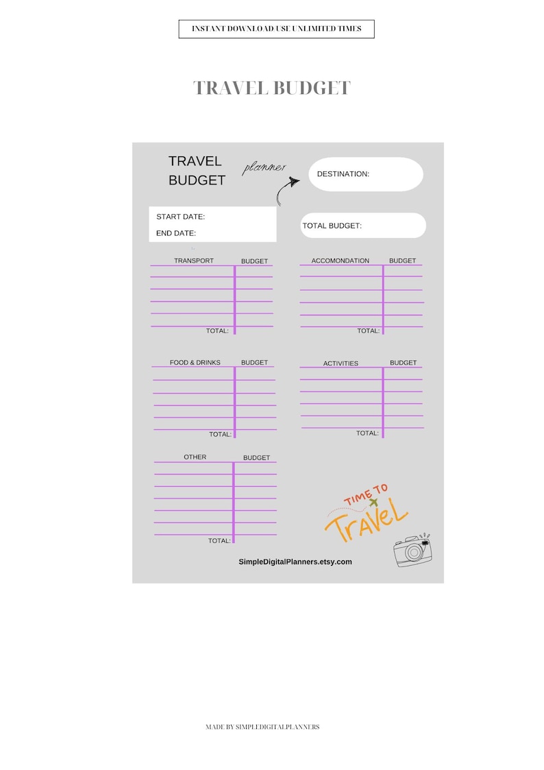 Travel Budget Planner Printable, Travel Spending Worksheet Template ...