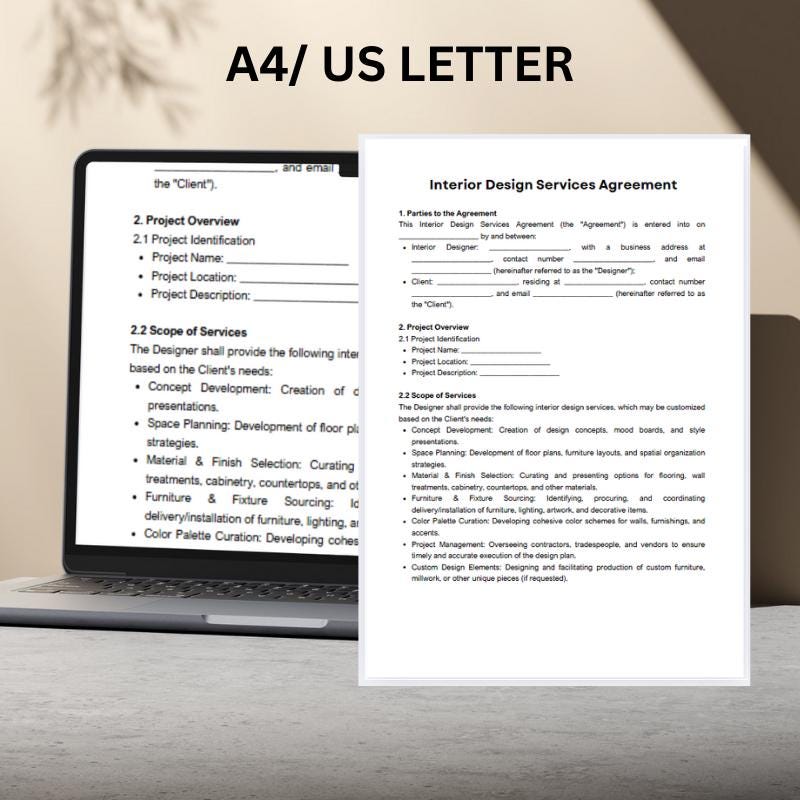 Interior Design Services Agreement Template | Editable Canva & Word Contract | A4, US Letter ...