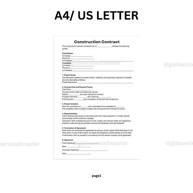 Editable Construction Contract Template | Printable Business Agreement ...