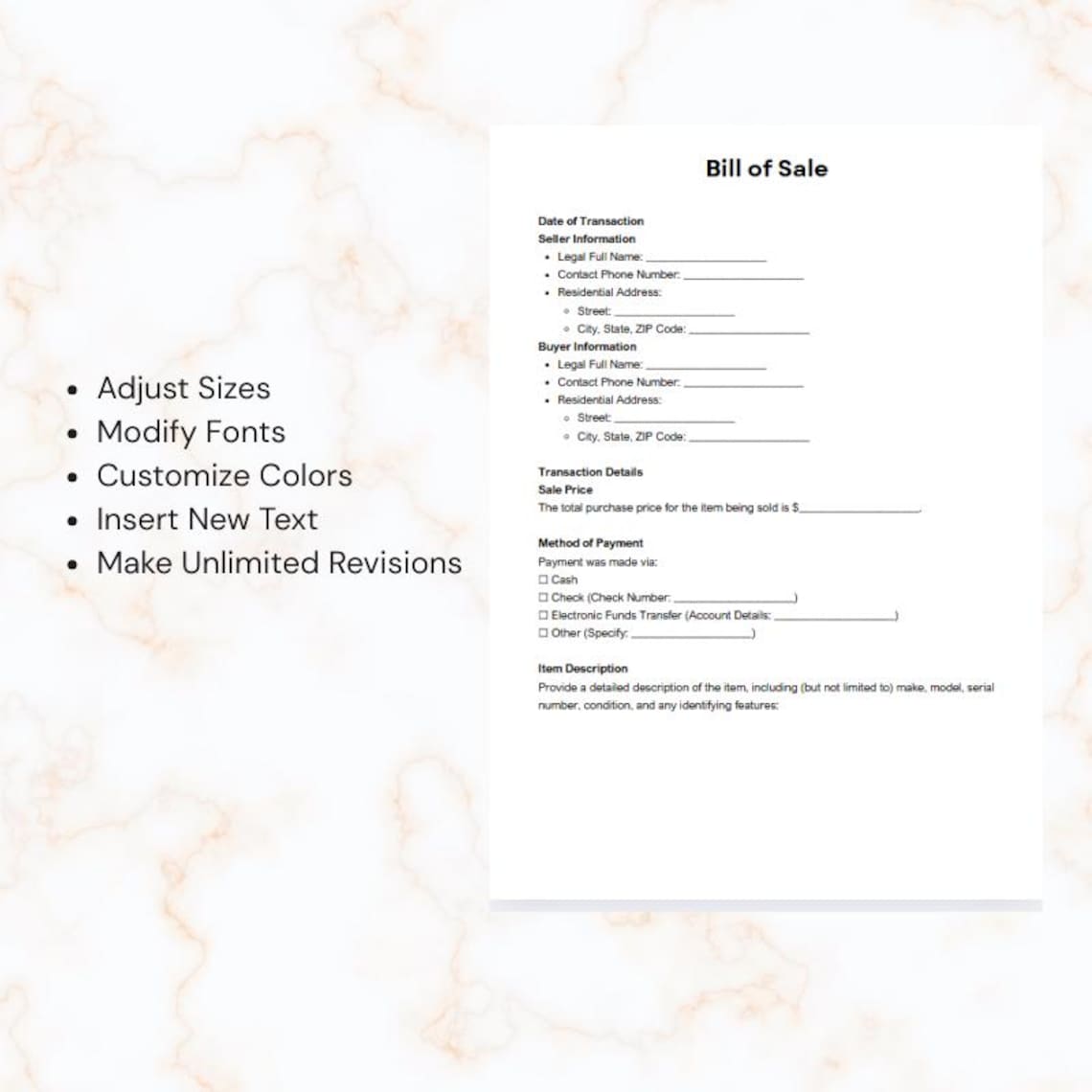 Bill of Sale Contract Template | Printable & Editable A4, US Letter ...