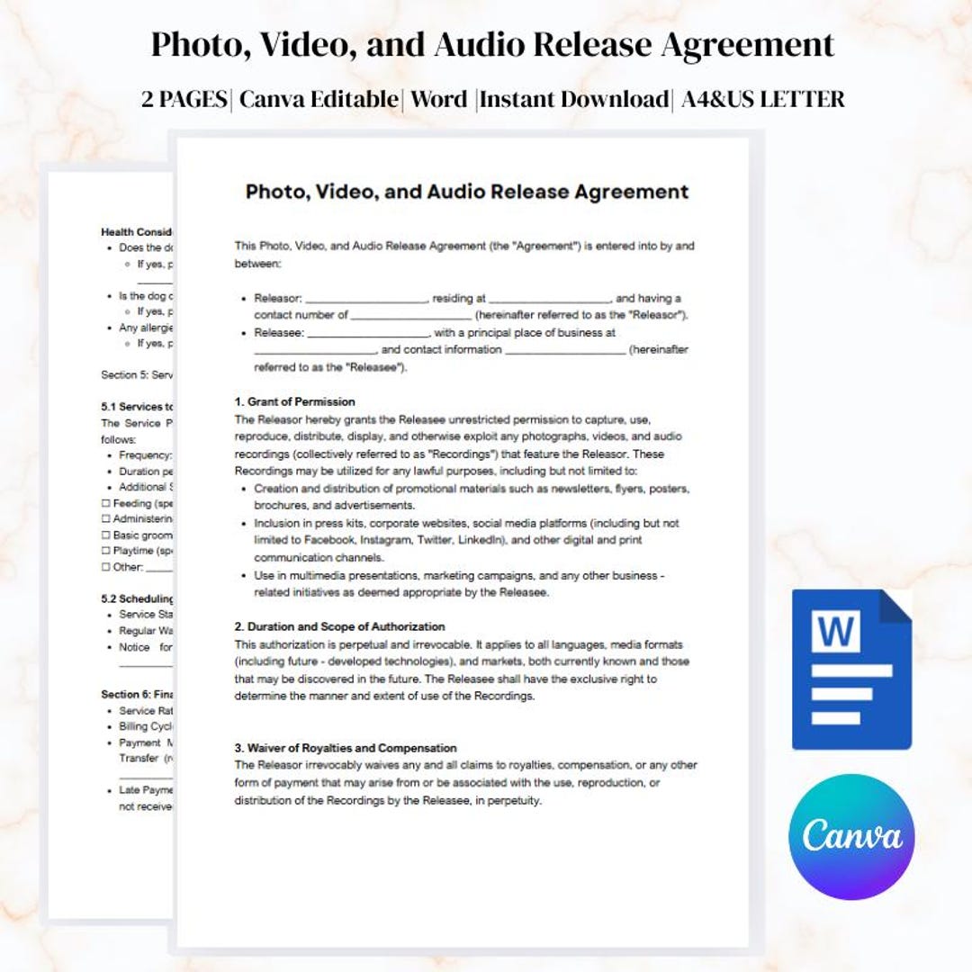 Photo, Video, Audio Release Agreement Template | Editable Canva & Word ...