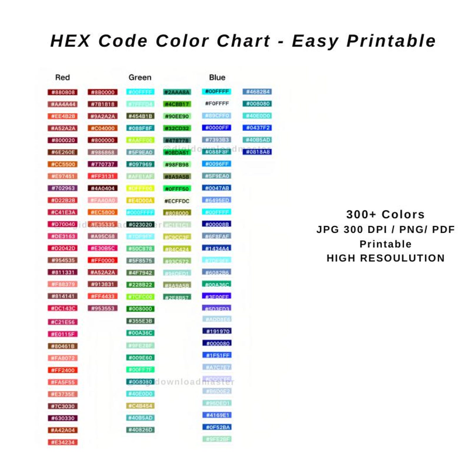 HEX Color Chart | 300+ Printable Swatches | Digital Download | Jpg Png ...