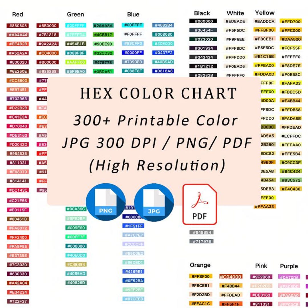 HEX Color Chart | 300+ Printable Swatches | Digital Download | Jpg Png ...
