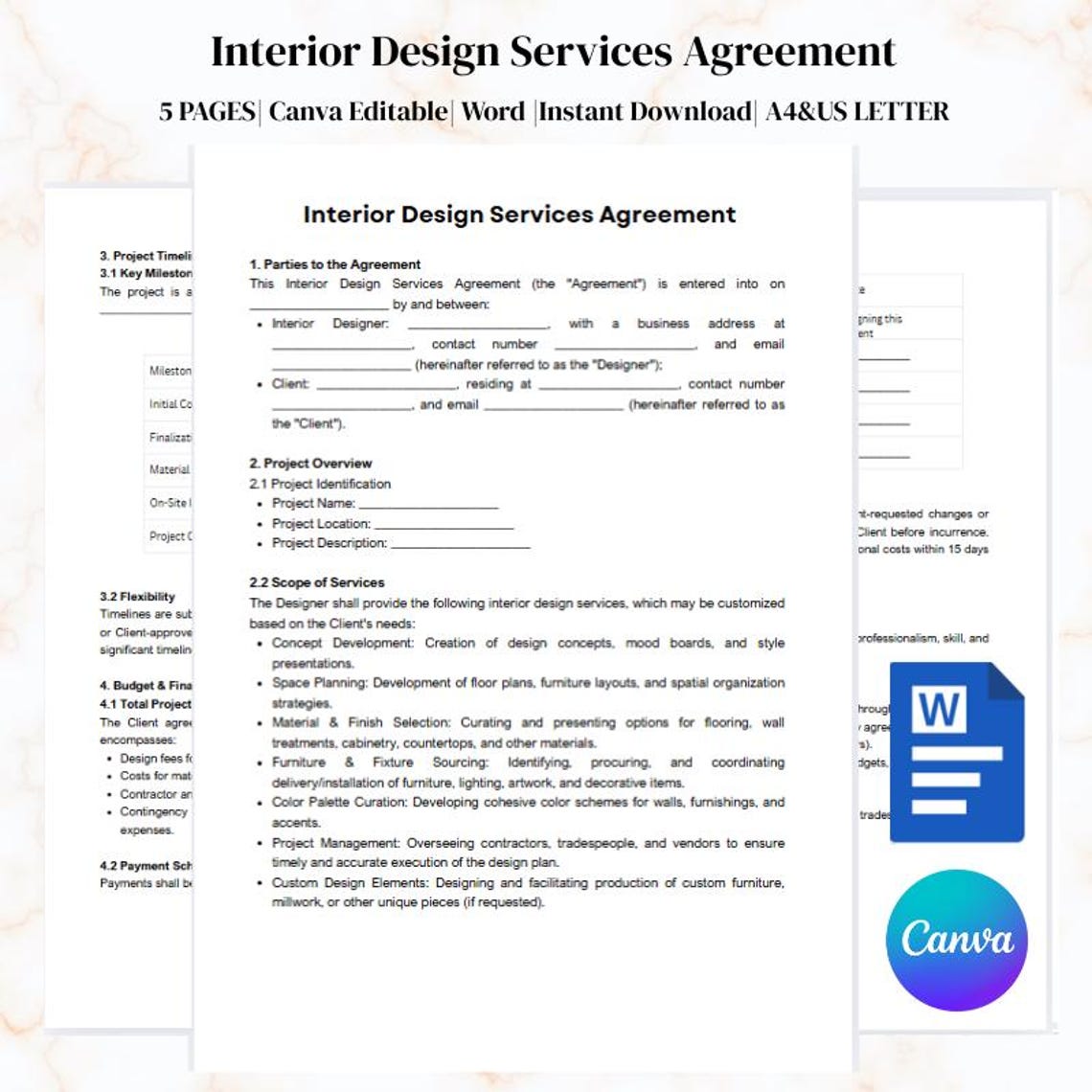 Interior Design Services Agreement Template | Editable Canva & Word ...