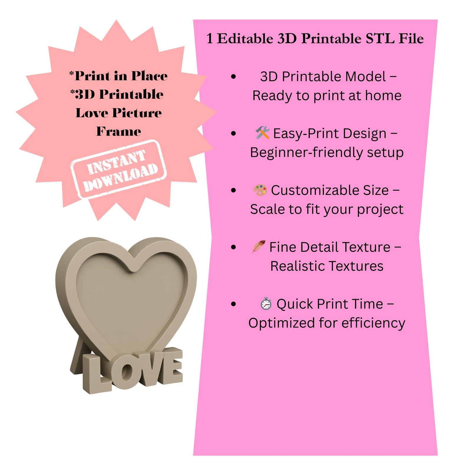 3D Printable Heart Photo Frame STL | LOVE Picture Frame | Valentine’s ...