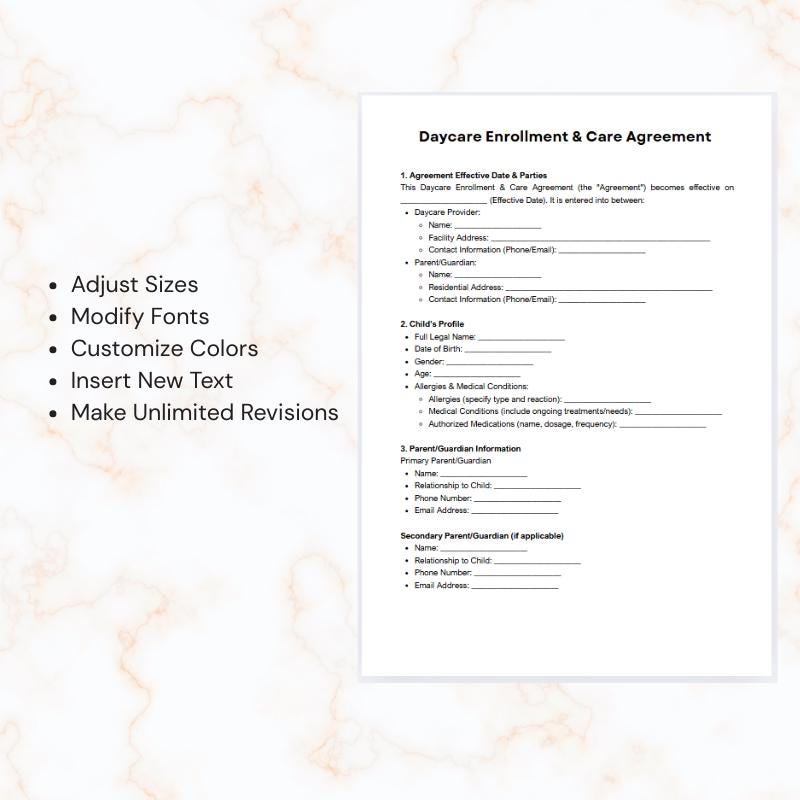 Daycare Enrollment & Care Agreement | Editable Childcare Contract ...