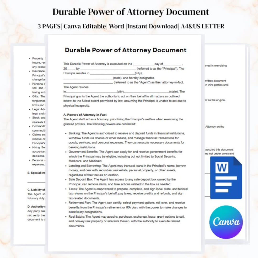 Durable Power of Attorney Template | Editable Legal Contract | Canva ...