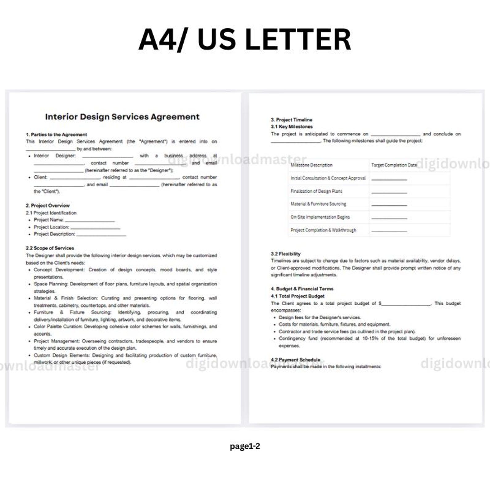 Interior Design Services Agreement Template | Editable Canva & Word Contract | A4, US Letter ...
