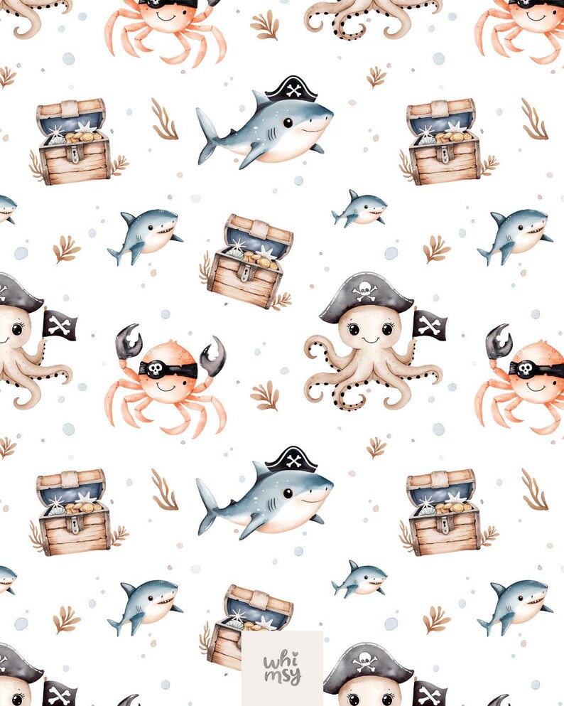 Little Pirate Seamless Pattern, Cute Ocean Animals With Treasure ...