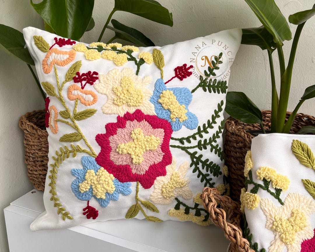 Handmade Punch Needle Decorative Pillow, Floral Embroidered Cushion ...