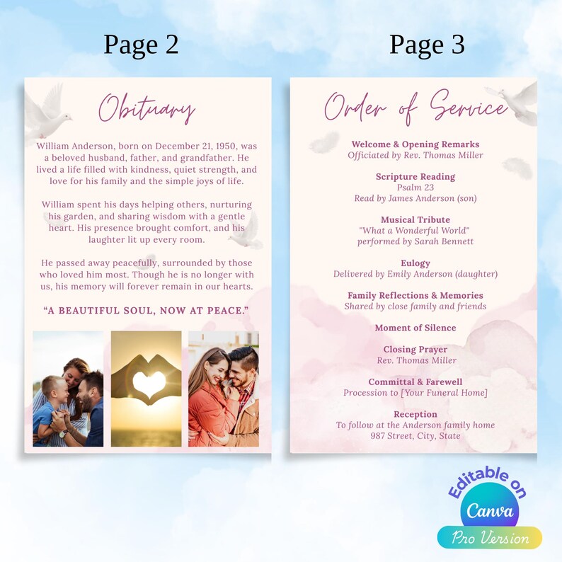 Editable Funeral Program Canva Template – 4 Page Obituary for Memorial ...