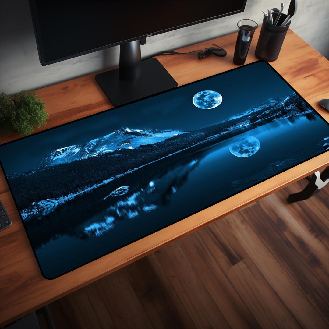 Lake, Mountain, and Full Moon Scenery Mouse Pad - Mountain and Full ...