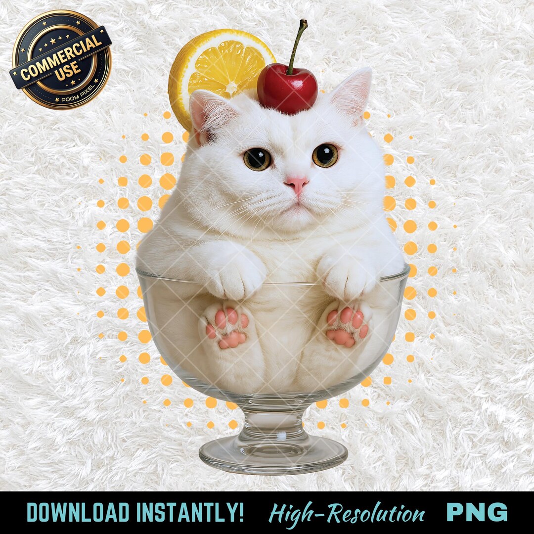 Cute White Cat Dessert PNG, Kawaii Cat in Ice Cream Bowl Clipart, Gift ...