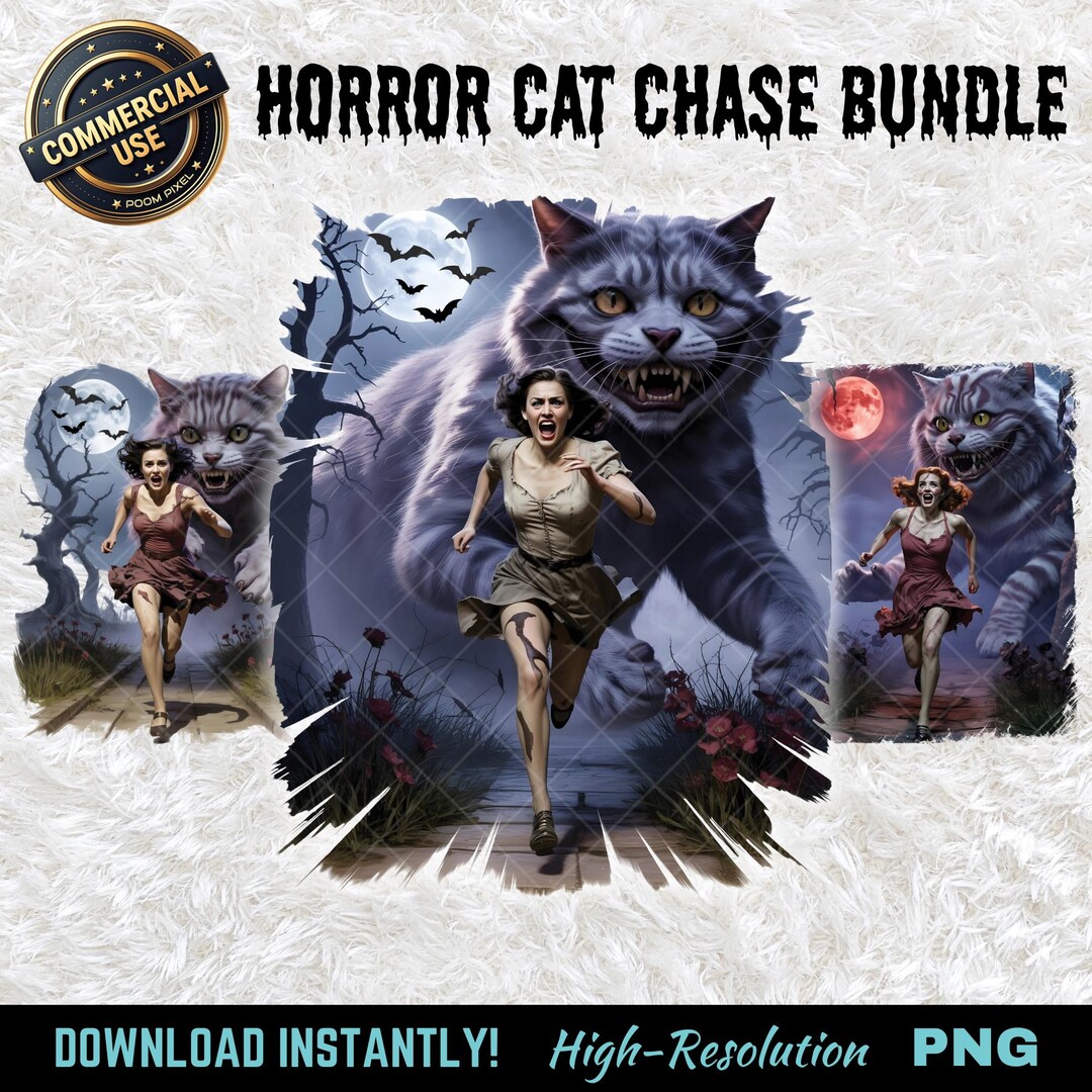 Horror Cat Chase PNG Bundle, Vintage Scary Woman Running Clipart ...