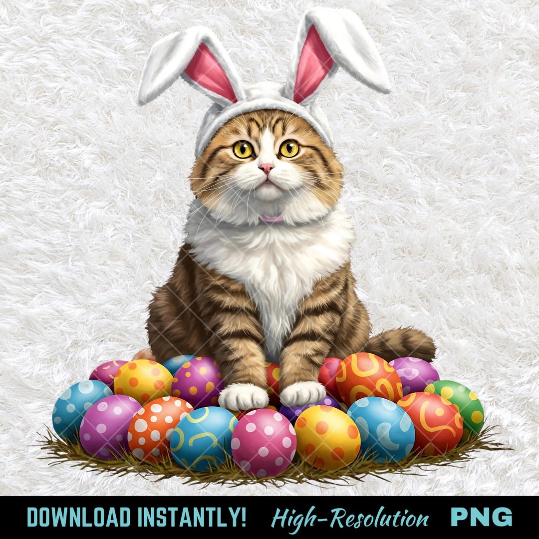Easter Bunny Cat PNG, Cute Tabby With Easter Eggs, Digital Download ...