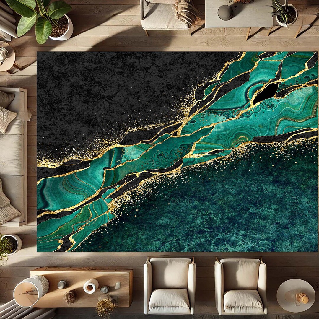 Emerald Gold Marble Carpet, Luxury Living Room Decor, Modern Abstract ...