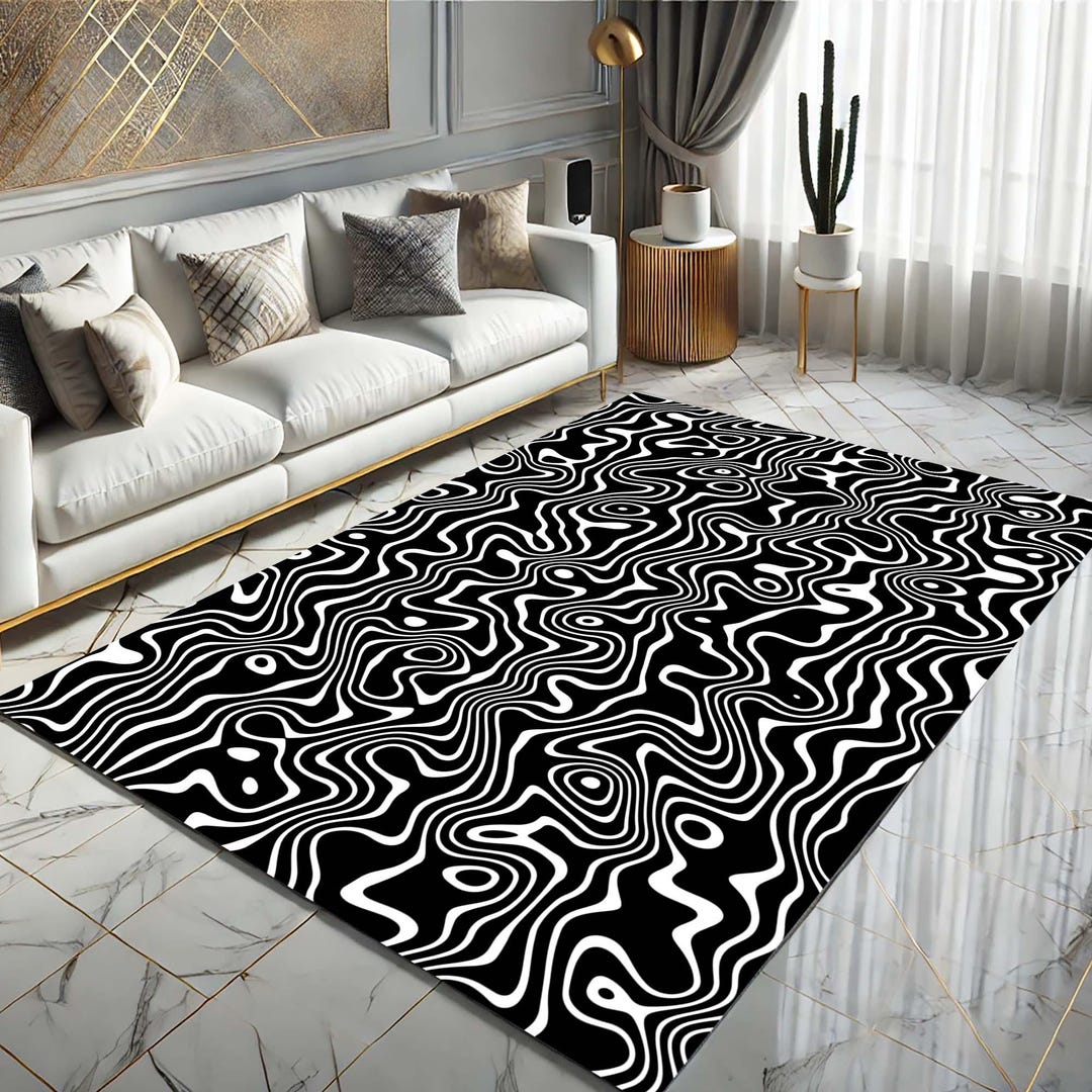 Abstract Modern Line Art Carpet, Optical Illusion Area Rug, Wavy ...