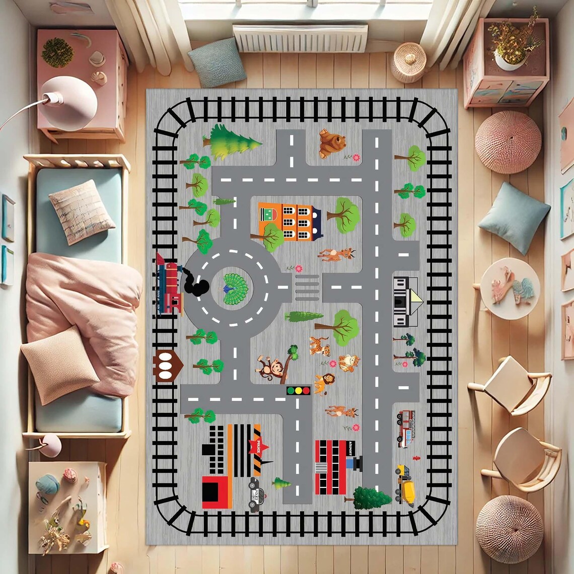 Interactive Kids' City Map Rug With Roads, Train Tracks, Buildings ...