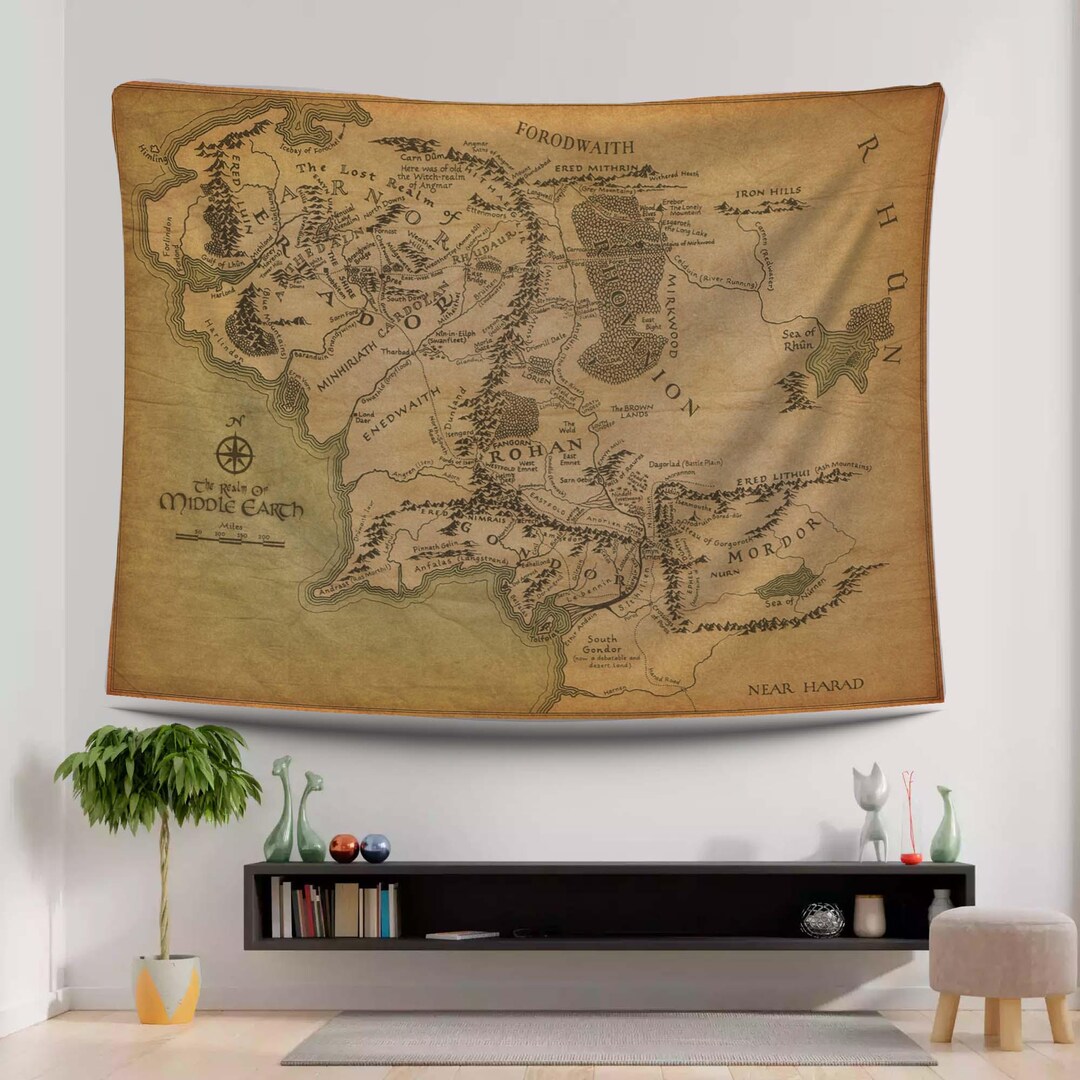 Middle Earth Tapestry, Map Art, Wall Hanging, Map, Vintage Geek Gift ...