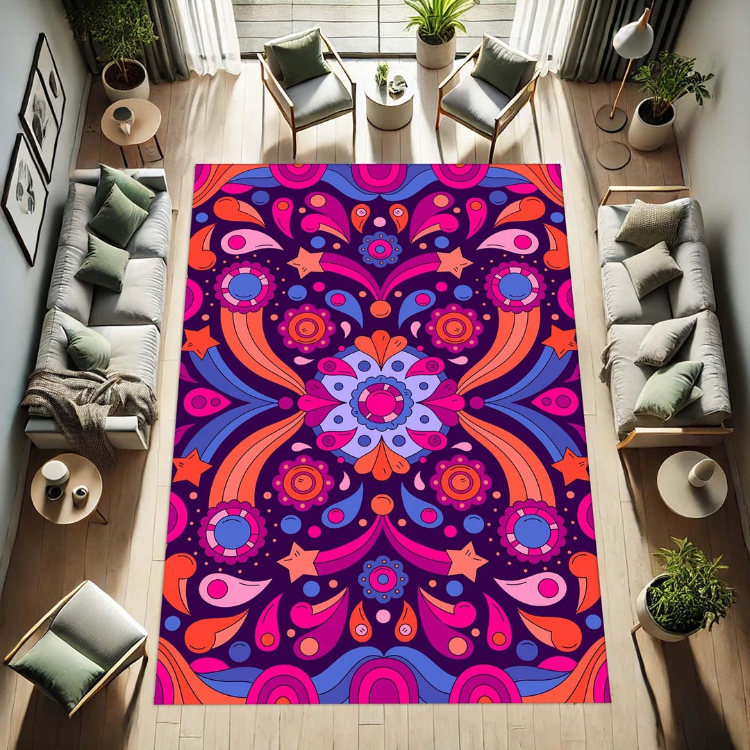 Colorful Boho Rug, Mandala Floral Pattern Carpet, Psychedelic Room ...