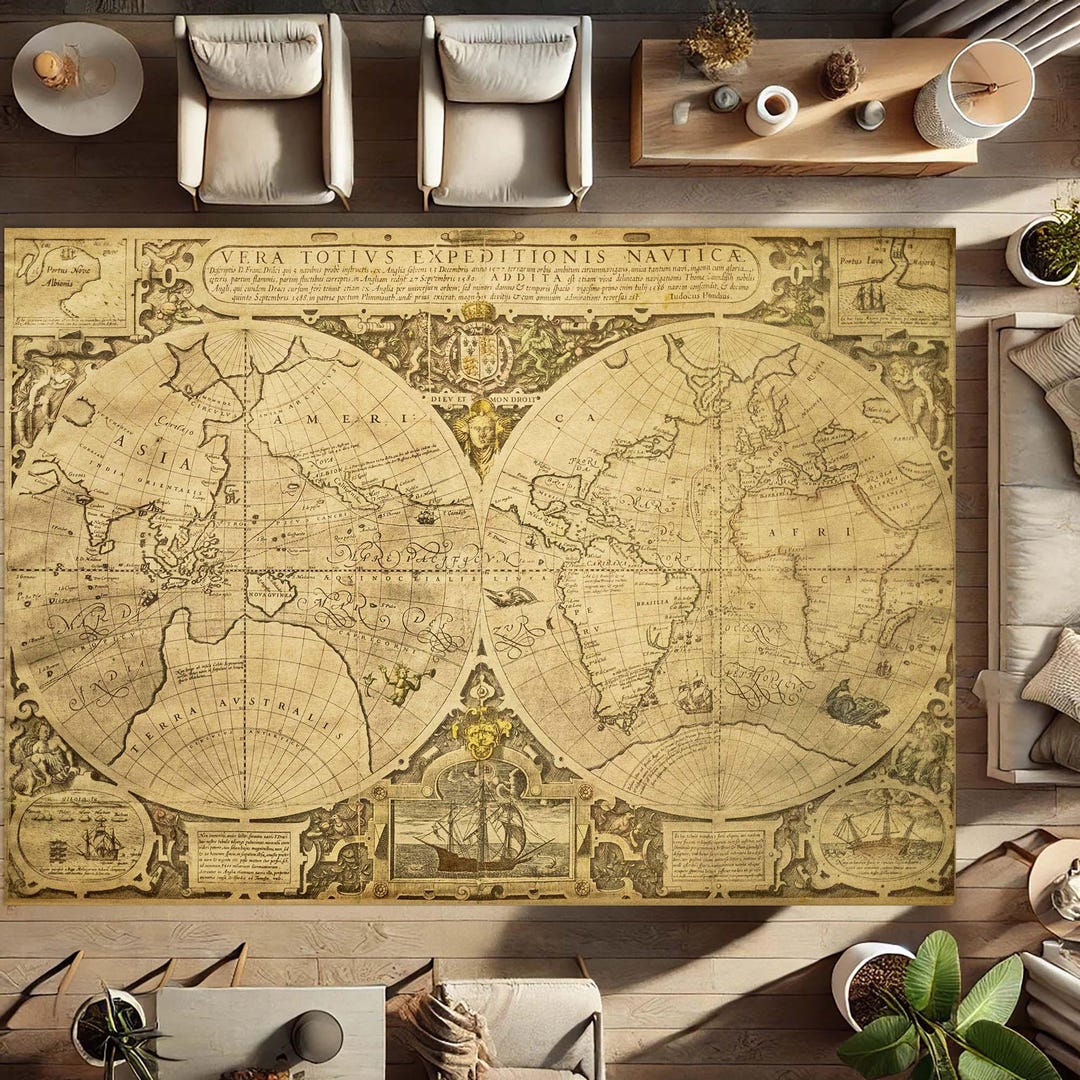 Vintage Map Rug, Old World Map Carpet, Antique Nautical Rug, Historical ...