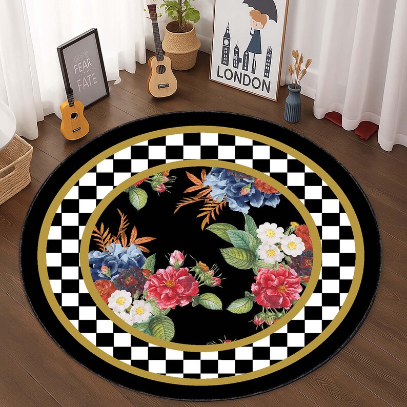 Floral Round Rug Mat, Checkered Flower Rug, Garden Carpet, Elegant ...