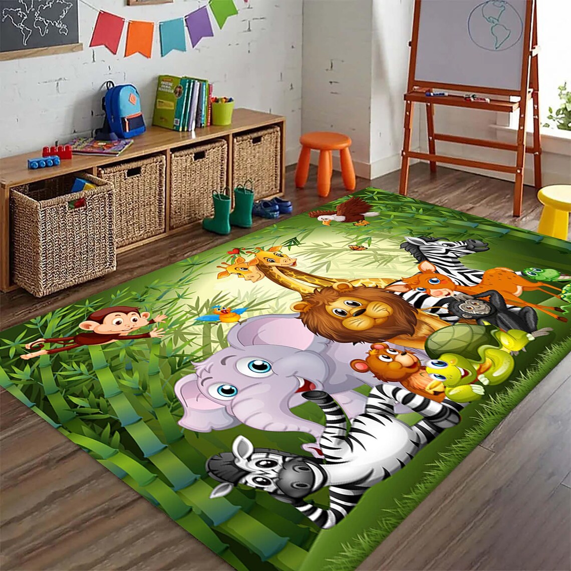 Jungle Animal Rug, Safari Theme Rug, Cartoon Wildlife Play Mat, Nursery ...