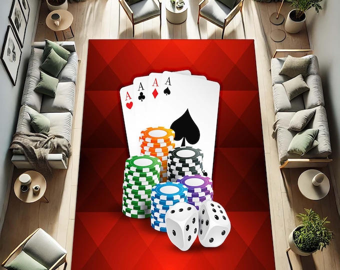 Poker Casino Rug, Red and Black Poker Chips Rug, Playing Cards Design ...