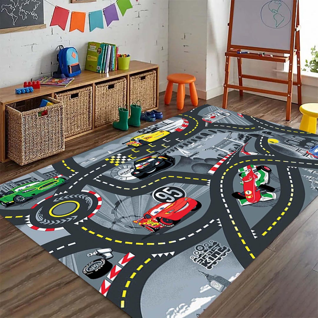 Race Track Rug for Kids, Colorful Car Play Mat, Fun Road Design for ...