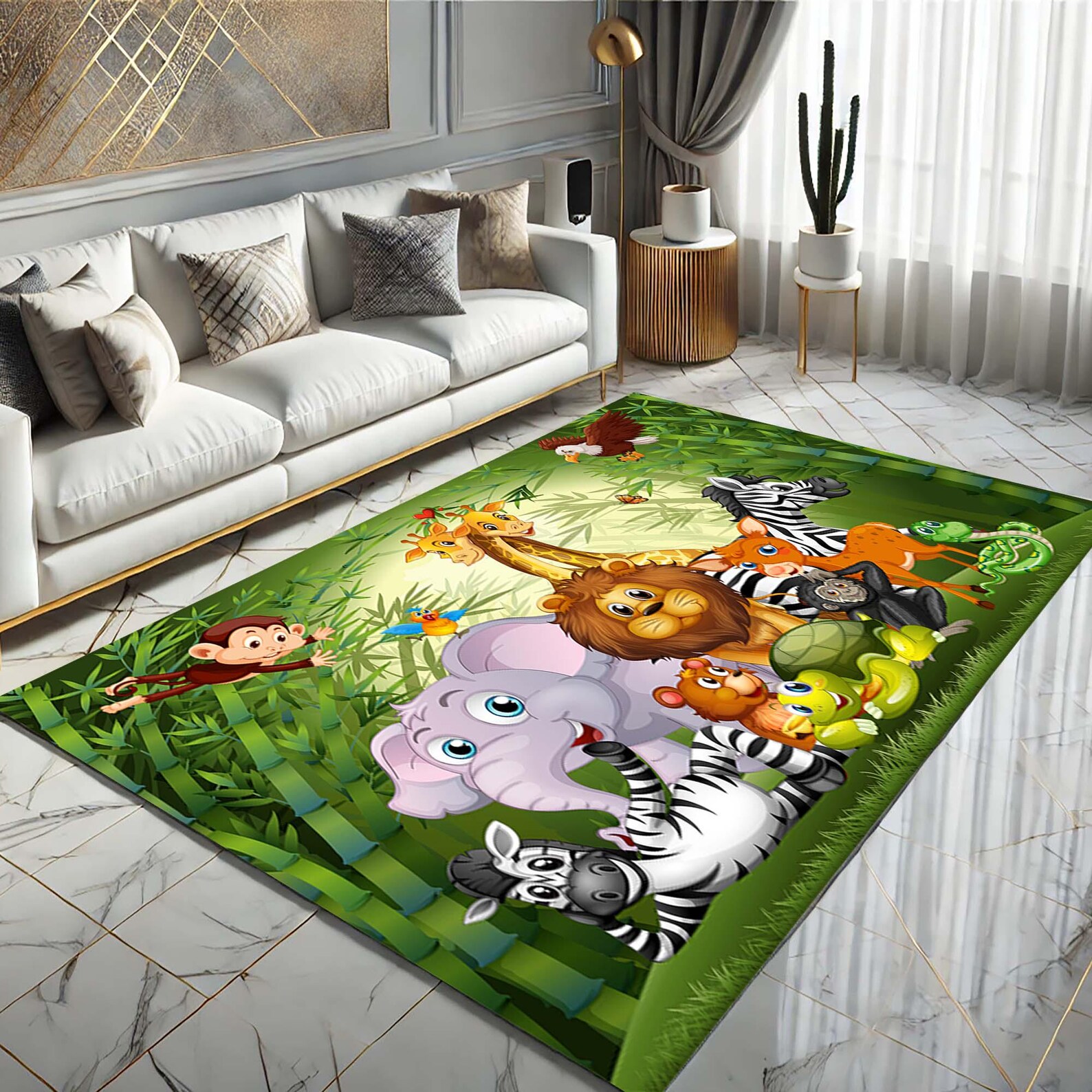 Jungle Animal Rug, Safari Theme Rug, Cartoon Wildlife Play Mat, Nursery ...