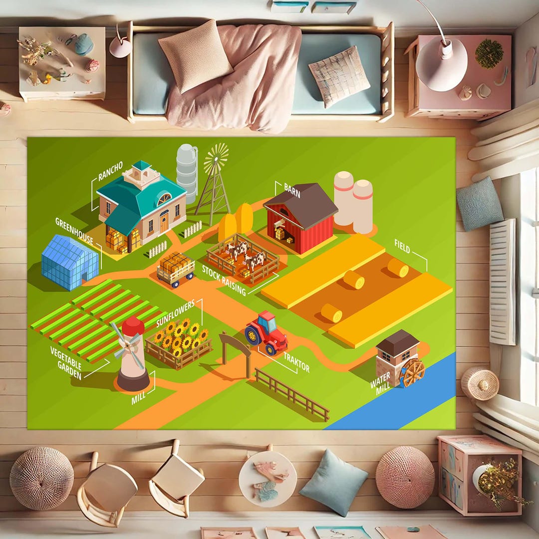 Farm Rug, Kids Educational Mat, Farm Life Decor, Tractor Rug, Animal ...