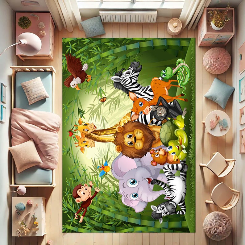 Jungle Animal Rug, Safari Theme Rug, Cartoon Wildlife Play Mat, Nursery ...