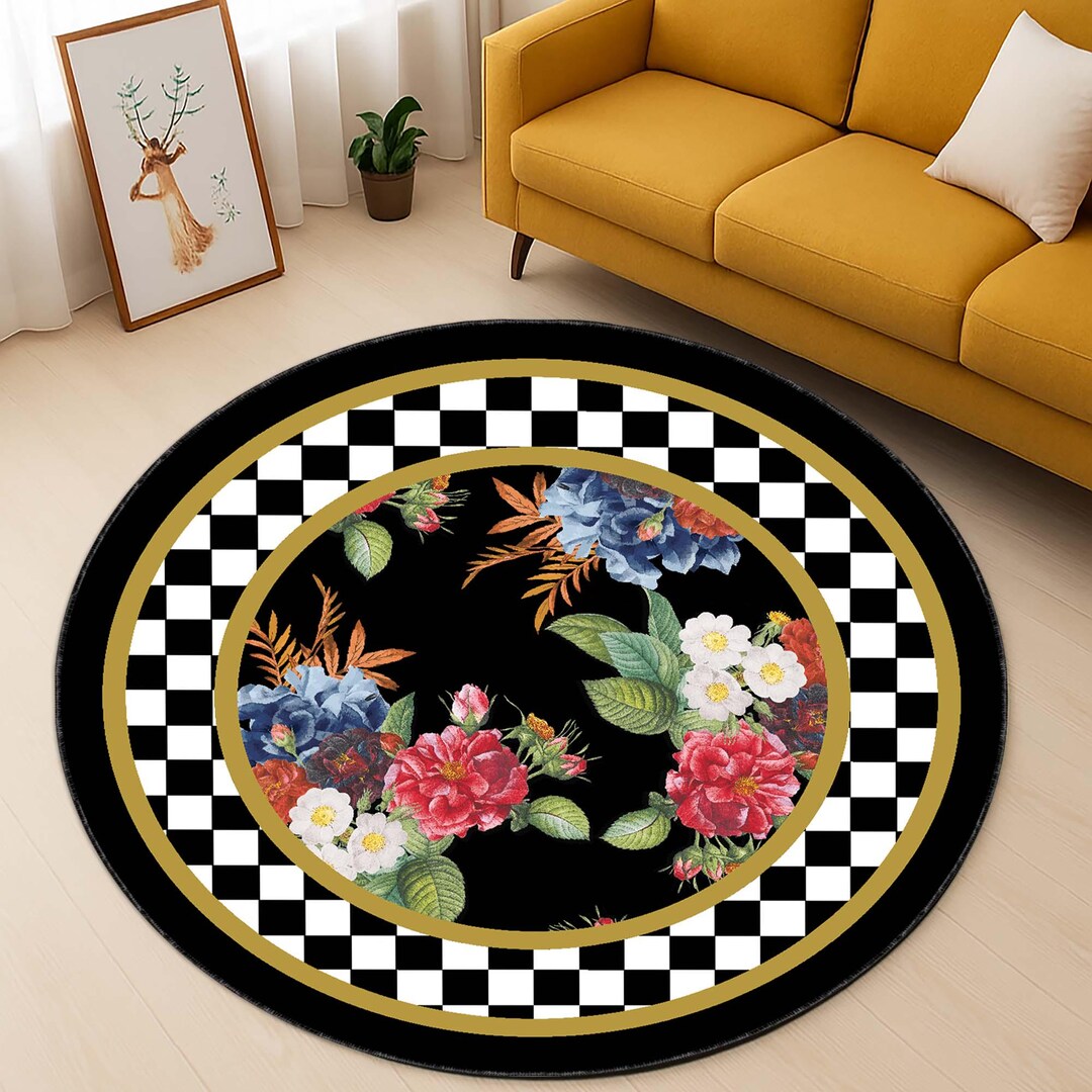 Floral Round Rug Mat, Checkered Flower Rug, Garden Carpet, Elegant ...