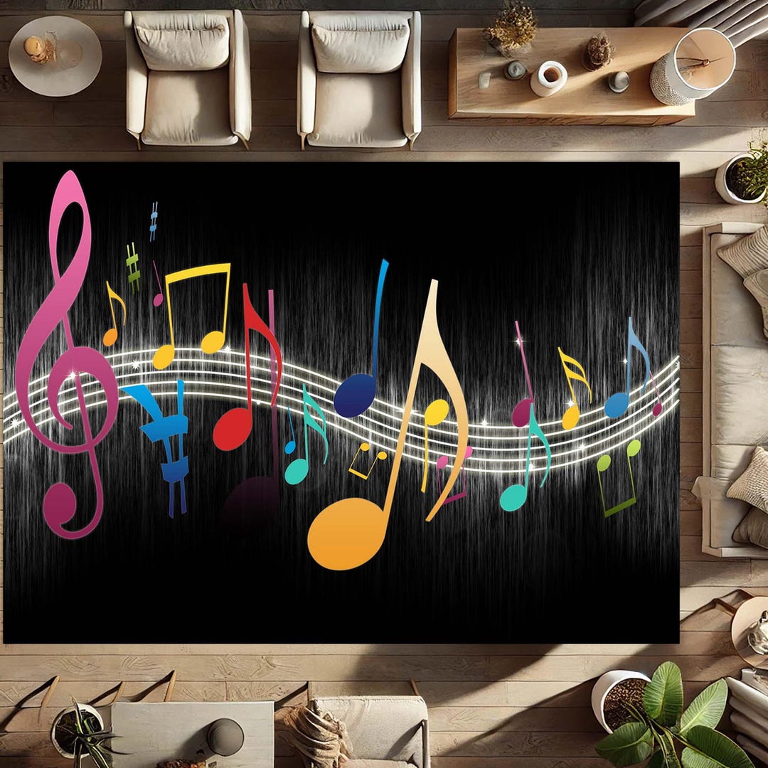 Music Note Rug, Colorful Music Rug, Musical Room Decor, Music Lover ...