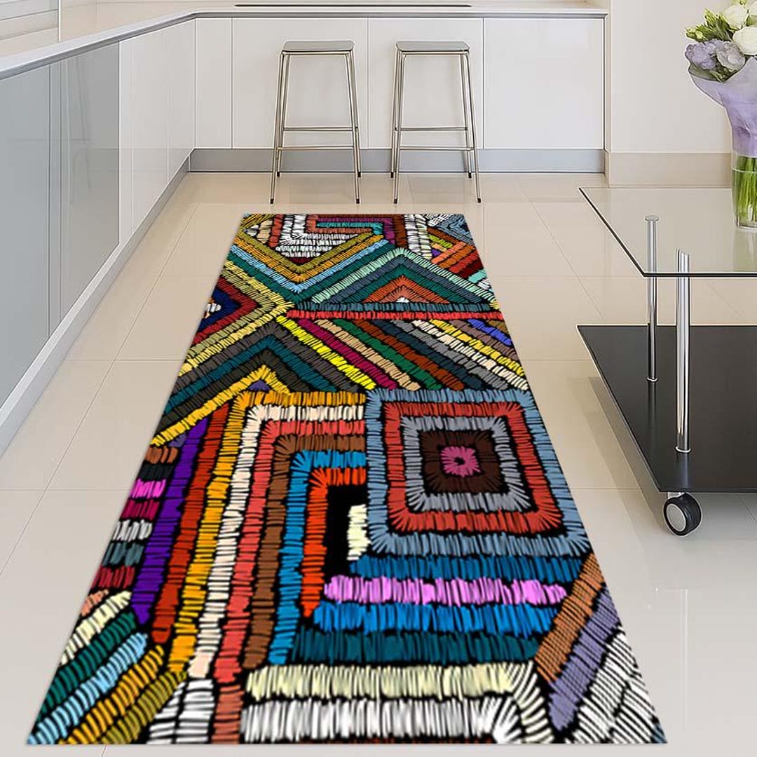 Boho Runner Rug, Colorful Hall Rug, Tribal Pattern Mat, Kitchen Floor ...